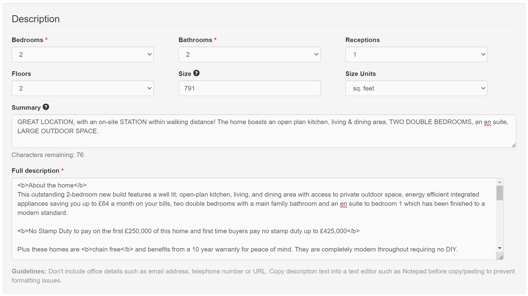 Adding Descriptions to your listings – New Homes